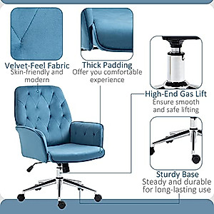 Vinsetto Modern Mid-Back Tufted Velvet Home Office Desk Chair with Adjustable Height, Swivel Adjustable Task Chair with Padded Armrests, Blue
