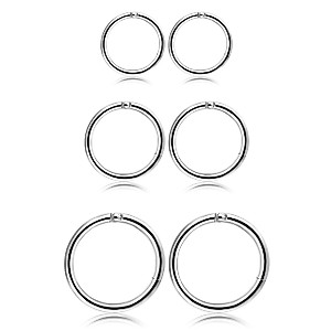 THUNARAZ 3 Pair Stainless Steel 16G Sleeper Earrings Septum Clicker Lip Nose Ring Body Piercing Silver-tone