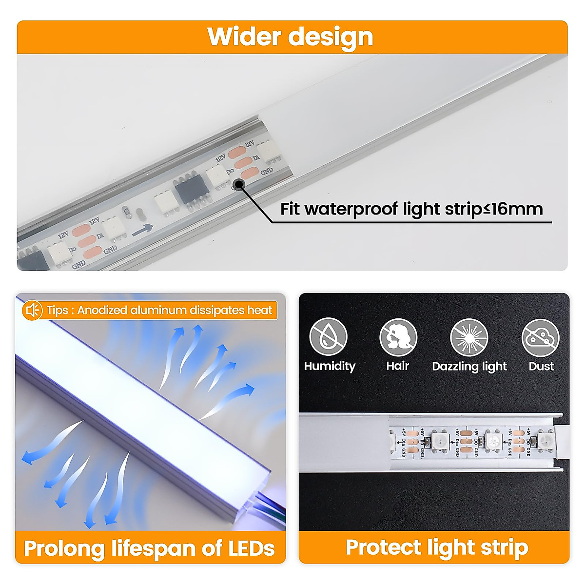 Muzata 6Pack 3.3FT/1M Wider LED Channel System with Milky White Cover Silver Aluminum LED Strip Channel for Waterproof LED Strips up to 16mm U102 WW