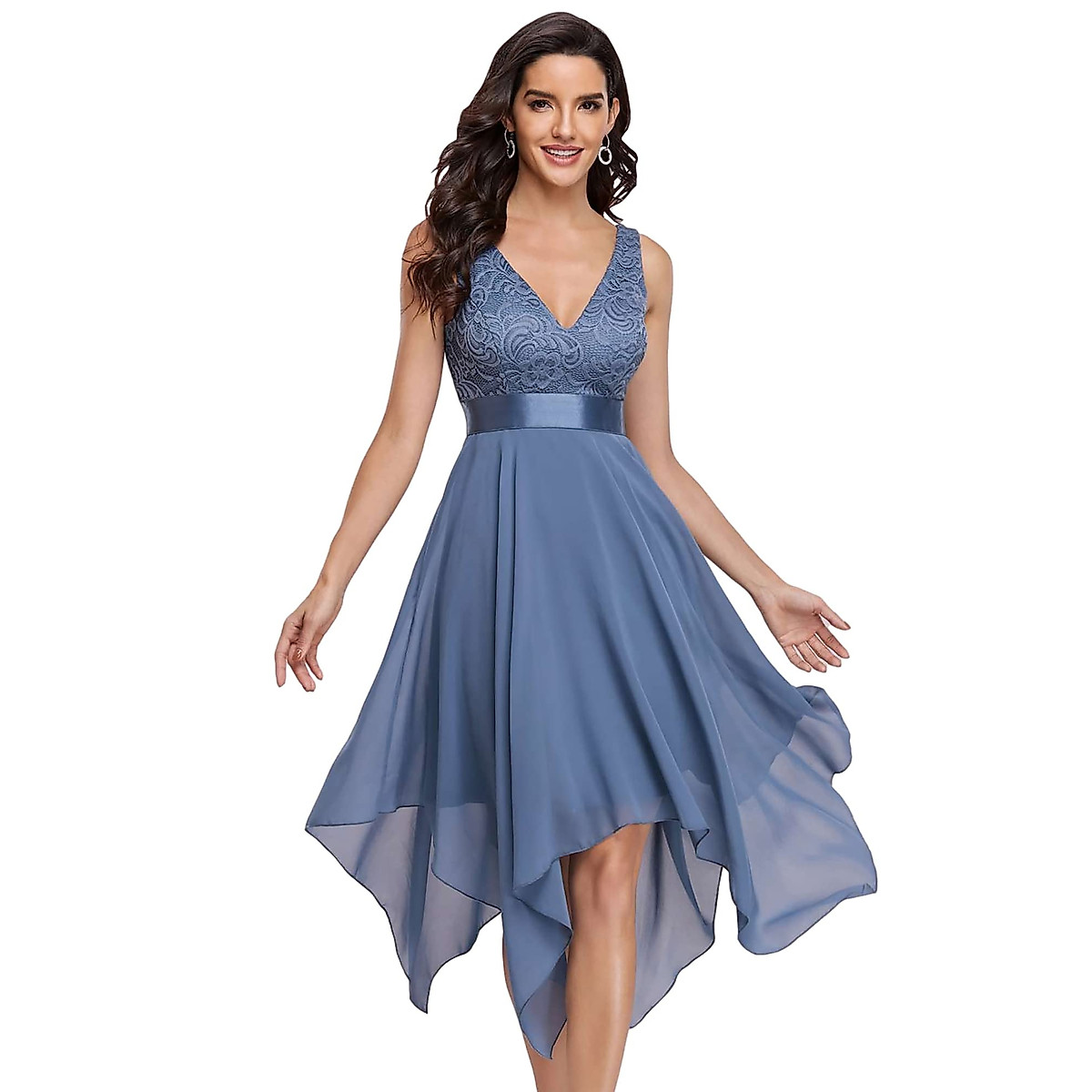 Ever-Pretty Double V Neck Blackless Mini Homecoming Dress Chiffon A Line Casual Dress Haze Blue US6