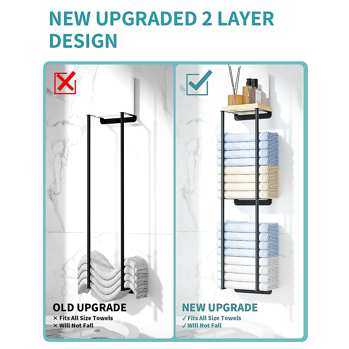 Towel Racks for Bathroom, 2 Tier Wall Towel Holder with Wood Shelf, Metal Wall Mounted Towel Rack Bathroom Organizers and Storage, Black