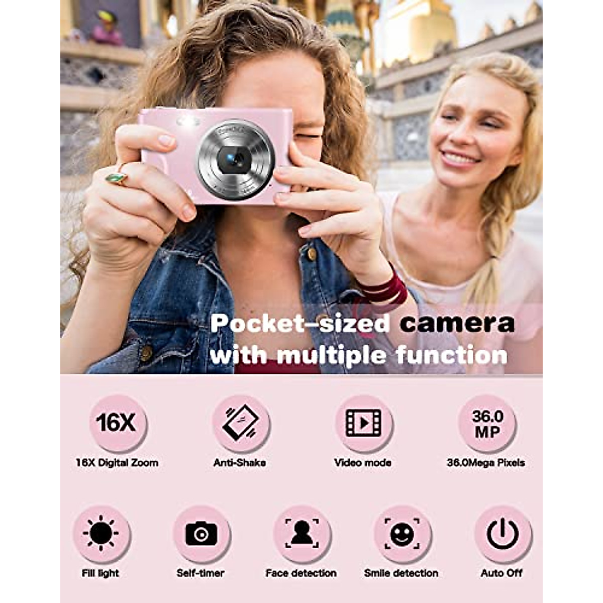 Digital Camera, Lecran Kids Camera FHD 1080P 36.0 Mega Pixels Vlogging Camera with 16X Digital Zoom, LCD Screen, Compact Portable Mini Cameras for Kids, Teens, Students (Pink)