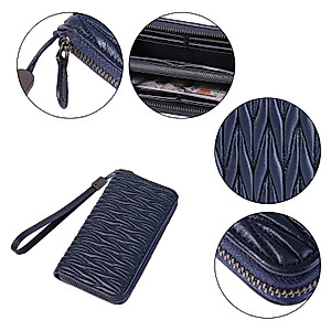YILINSA Women's Wallet RFID Blocked Leather Wallet Pleated Clutch Long Wallet Leather Zipper Wallet (Blue)