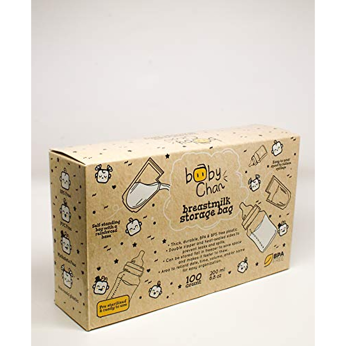 Baby Chan Breast Milk Storage Bags, 100 Count (2 Packs of 50 Bags) with Double Zipper Seal and Convenient Pour Spout, Excellent for Storing and Freezing Breastmilk, Pre-sterilized, BPA and BPS-Free