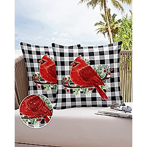 Vandarllin Outdoor Throw Pillows Covers 20X20 Set of 2 Waterproof Red Cardinals Decorative Zippered Lumbar Cushion Covers for Patio Furniture, White Black Buffalo Check Plaid