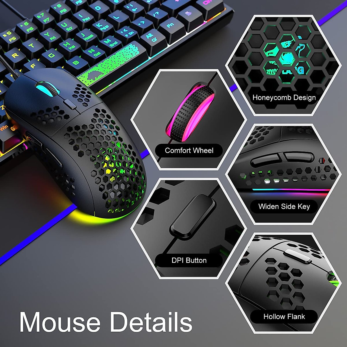 60% Gaming Keyboard and Mouse Combo Duble Color Keycaps Samll RGB Backlight Mechanical Feeling and Mechanical RGB 6400 DPI Honeycomb Optical Mouse,Gaming Mouse pad for Gamers and Typists