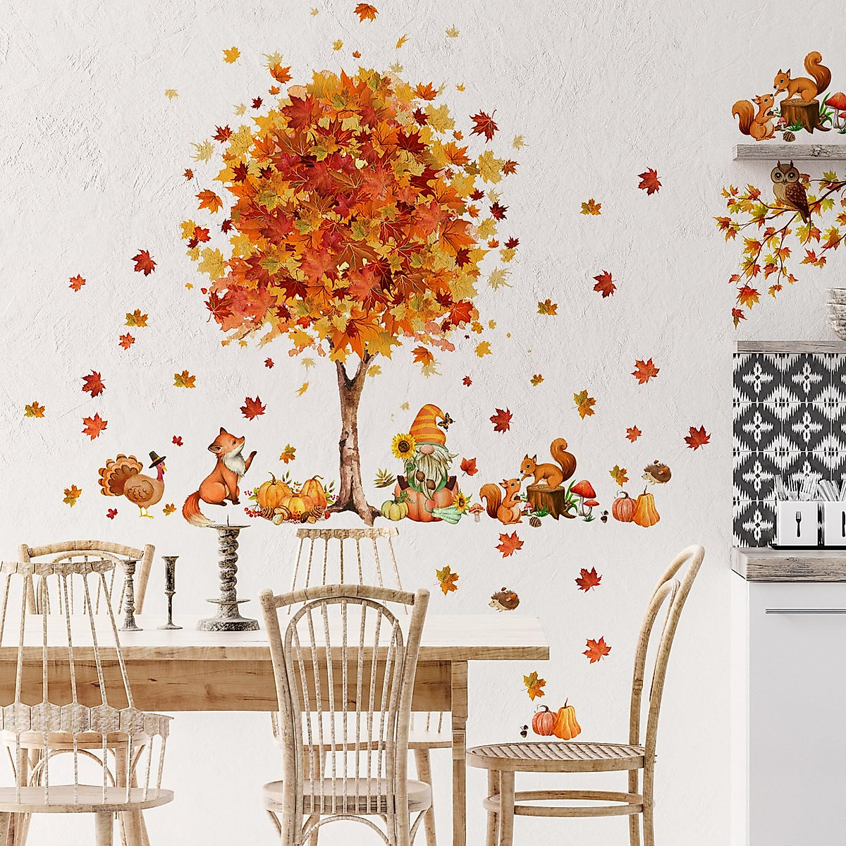 Cholemy 3 Sheets Thanksgiving Wall Stickers Thanksgiving Wall Decals Harvest Pumpkin Maple Leaf Tree Wall Decoration Fall Window Sticker Removable Farmhouse Wallpaper for Living Room Bedroom