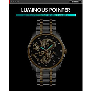 Men Boy Luxury Gold Chinese Dragon Carved Dial Diamond Quartz Watch Casual Waterproof Sport Stainless Steel Wristwatch (Gold Blue)