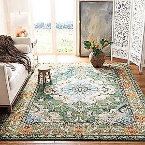 SAFAVIEH Monaco Collection 6'7" x 9'2" Forest Green/Light Blue MNC243F Boho Chic Medallion Distressed Non-Shedding Living Room Bedroom Dining Home Office Area Rug