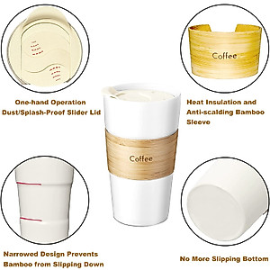 Kopmath Ceramic Travel Coffee Mug, 16 oz Travel Mug with Lid, Splash Proof, Anti-Scald Sleeve, Microwave Dishwasher Safe, Portable To Go Tumbler, Large Coffee Cup for Car Cup Holder, Gift