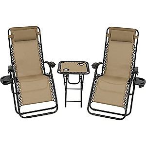 Sunnydaze Outdoor Zero Gravity Chair 2 Pack with Patio Table Cupholders and Pillows Included Khaki