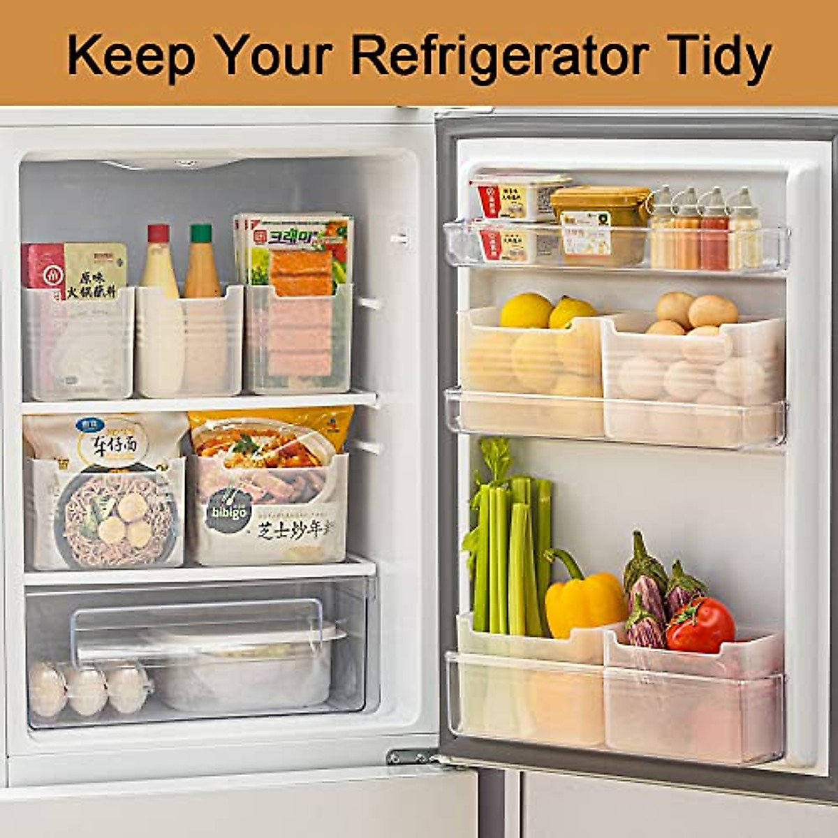 LINFIDITE 2 Pack Fridge Side Door Storage Containers Refrigerator Organizer Box Durable Plastic Storage Bins for Fridge, Counter, Cabinet Kitchen Organization Food Storage