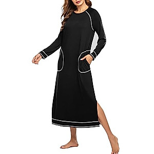 Ekouaer Nightgown Women's Long Sleeve Pajama Dress Round Neck Sleepwear Long Nightshirt A-black
