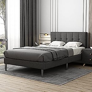 Full Size Fabric Modern Upholstered Platform Bed with Headboard, Heavy Duty Bed Frame with Wood Slat Support, No Box Spring Required, Easy Assembly, Dark Gray