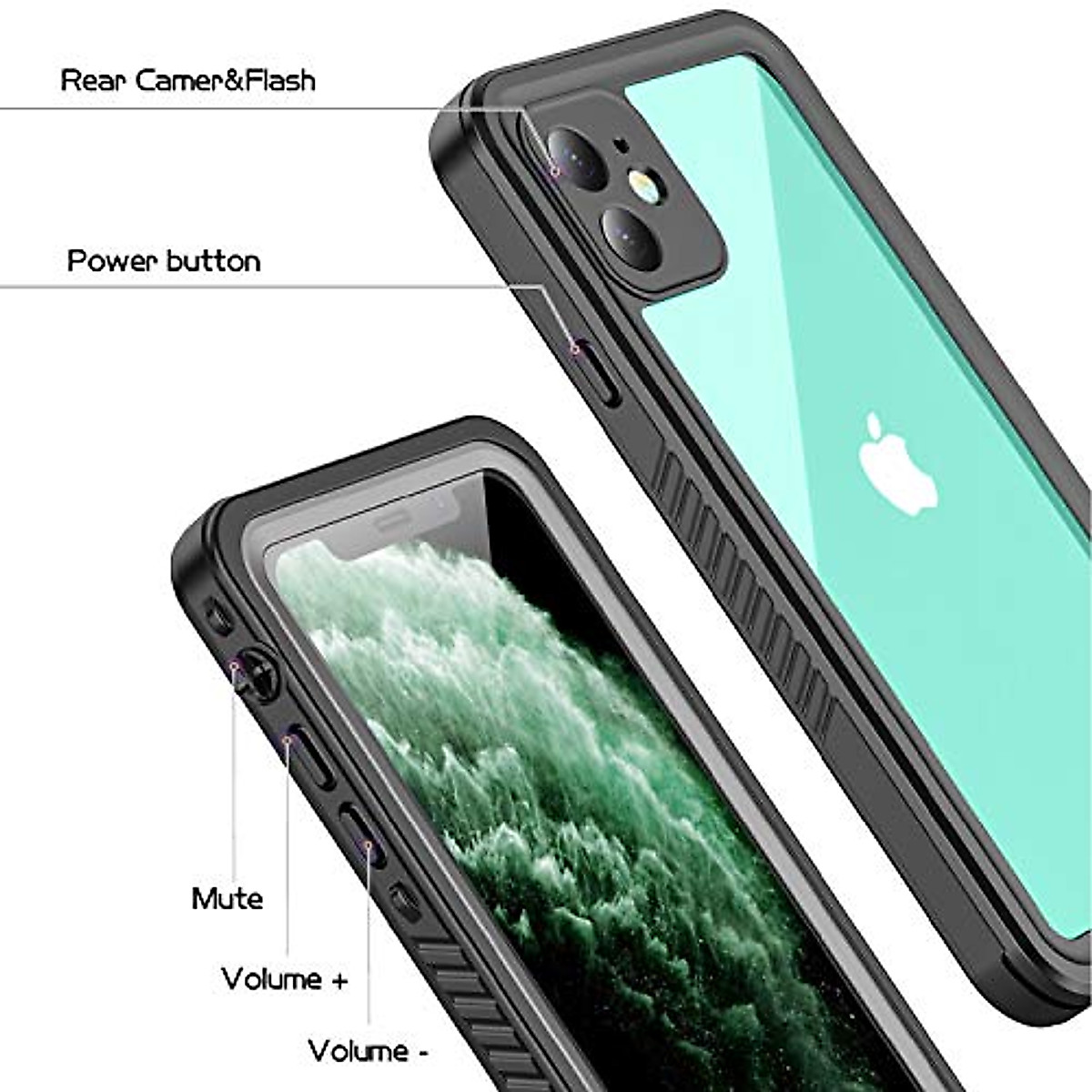 VAPESOON Compatible with iPhone 11 Waterproof Case, Built-in Screen Protector Full-Body Rugged Bumper Sealed Cover Shockproof Dustproof Waterproof Case for iPhone 11 6.1 inch (Black/Clear)