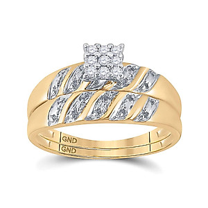Sizes - L = 7, M = 10 - 10k Yellow and White 2 Two Tone Gold Mens and Ladies Couple His & Hers Trio 3 Three Ring Bridal Matching Engagement Wedding Ring Band Set - Round Diamonds - Princess Shape Center Setting (.09 cttw) - Please use drop down menu to se