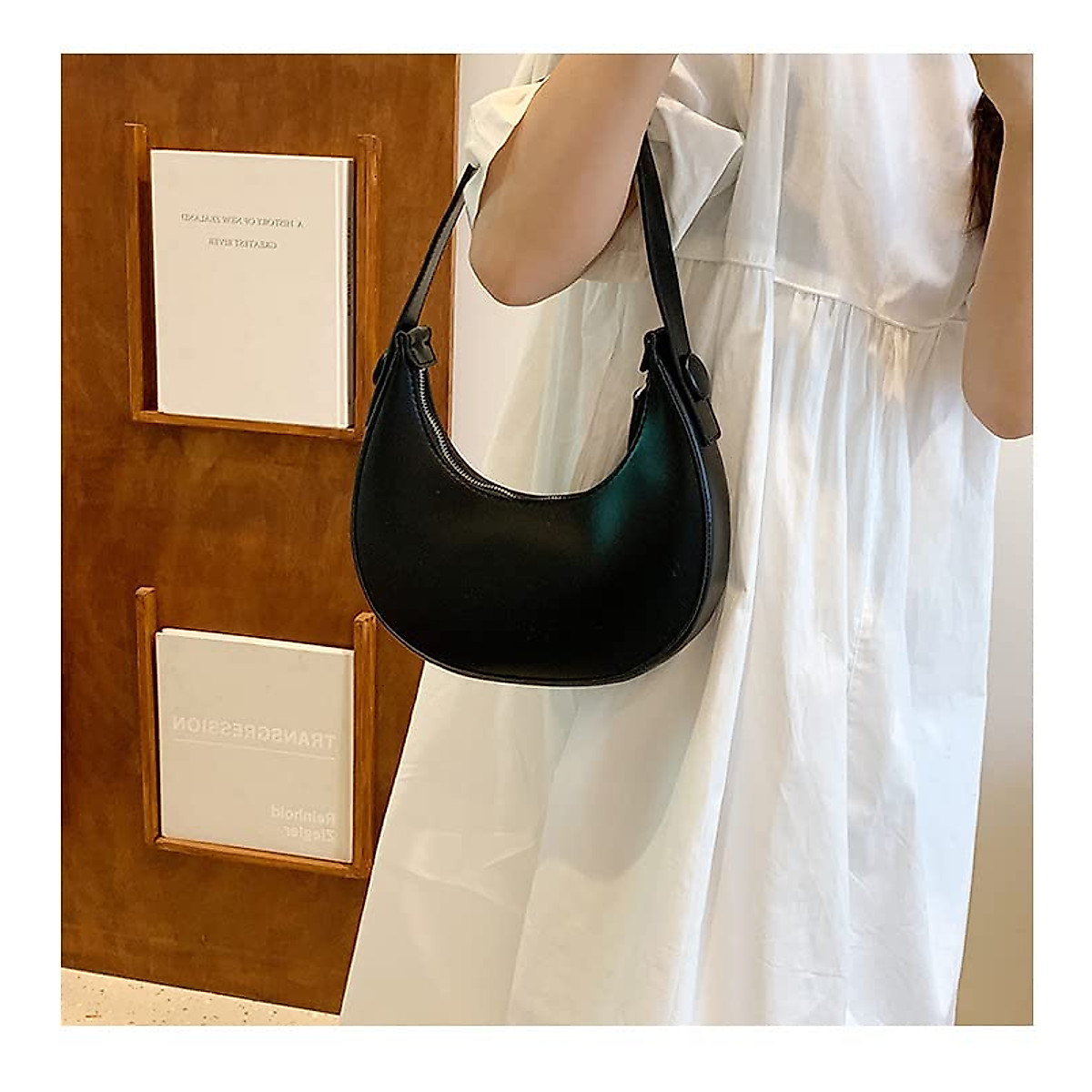 HANDAFA PU Leather Moon Hobo Bag Saddle Handbag Crescent Shoulder Bag For Women(Black)