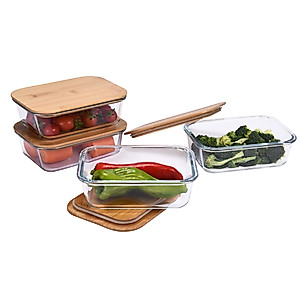 Vdomus Glass Food Storage Containers with Bamboo Lids (Pack of 4) - Stackable Meal Prep Container - Airtight Glass Food Containers - Microwave, Dishwasher Safe - Reusable Glass Lunchbox Pack - 36 Oz