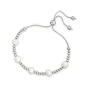 Ross-Simons 7-7.5mm Cultured Pearl and Sterling Silver Bead Station Bolo Bracelet