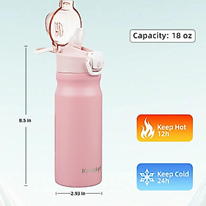 Konokyo Insulated Water Bottle with Straw and Carry Loop,18 oz Stainless Steel Double Wall Vaccum Metal Water Flask with Leak-proof Lid,Pink