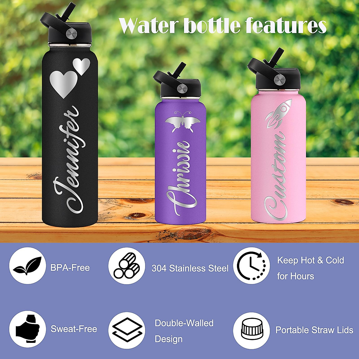 Personalized Water Bottles with Straw Lid 24/32/40oz Custom Engraved Name Logo Stainless Steel Insulated Bottle Customized Gift for School Sport Gym Work