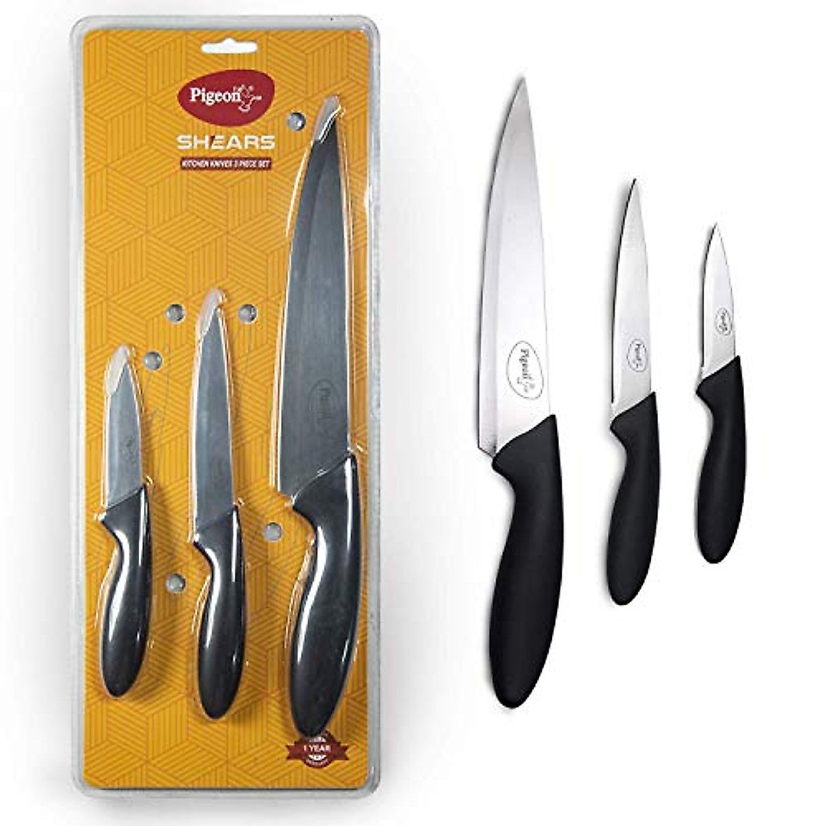 Pigeon 3-Piece Knife Set with Contoured Handle, Utility, Paring & Chef's Knife Set for Kitchen, Razor-Sharp Stainless Steel Blades, Lightweight, Dishwasher Safe, Ideal For Meat, Veggies, Herbs & Nuts