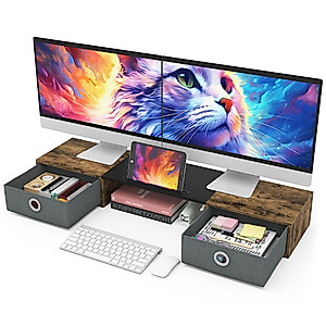 WESTREE Dual Monitor Stand Riser with Two Drawers, Extra Large Storage Monitor Stand for 2 Monitors, Computer Monitor Stand with Solt, Desktop Oraganizer Stand for Computer,Laptop,Screen,Printer,TV