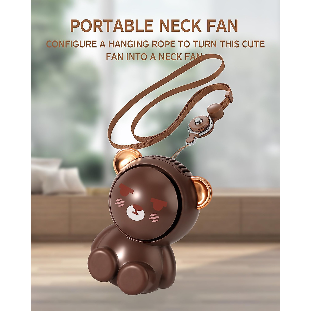 wegte Bear Fan, Portable Neck Fan, Cute Handheld Fan, Rechargeable Battery Powered Fan, 2 Speed Wind, Bladeless Design, Exquisite Appearance, Gift for Kids Girls Women, Brown
