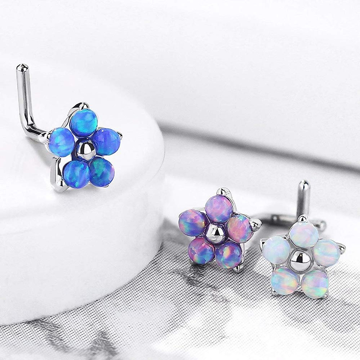 Covet Jewelry Flower with 5 Opal Petals 316L Surgical Steel L Bend Nose Stud Ring (Opal Purple)