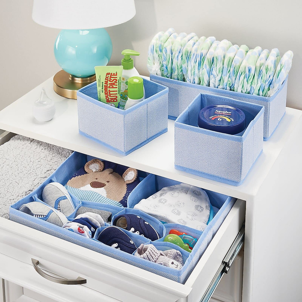 mDesign Fabric 4-Piece Drawer Organizer Bins, Kids/Baby Nursery Dresser, Closet, Shelf, Playroom Organization, Hold Clothes, Toys, Diapers, Bibs, Blankets, Blue Herringbone