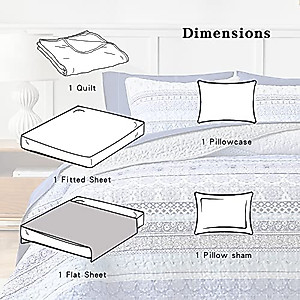 FlySheep Blue Boho Quilt Set 5 Pcs Bed in a Bag, Colorful Bohemian Striped Twin Size Coverlet Bedspread (1 Reversible Quilt 68x86, 1 Pillow Sham, 1 Flat Sheet, 1 Fitted Sheet, 1 Pillowcase)