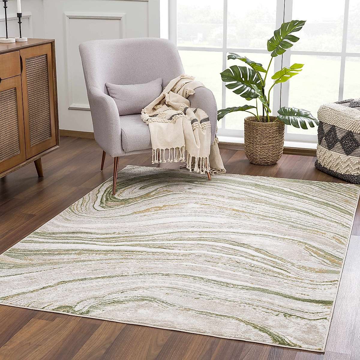 BoutiqueRugs Liverpool Modern Abstract Area Rug - Contemporary Marble Print Rug for Living Room - Cream, Green, Sage - 6'7" x 9' (6x9 Area Rug)