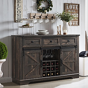 OKD Farmhouse Wine Bar Cabinet w/Sliding Barn Door, 54" Kitchen Coffee Bar Cabinet w/Wine & Glass Rack, Storage Shelves, 3 Drawers, Rustic Large Buffet Sideboard for Dining Room, Dark Rustic Oak
