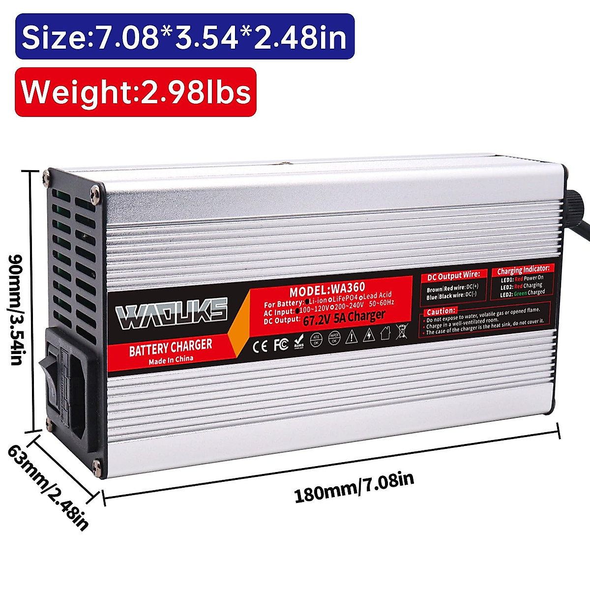 WAOUKS 67.2V 5A Charger 67.2V Lithium Battery Charger 60V Smart Charger Output GX16-3pin 1+ 3-/GX16-3pin 1+ 2- Connector Used for 16S 60V Li-ion Battery Pack