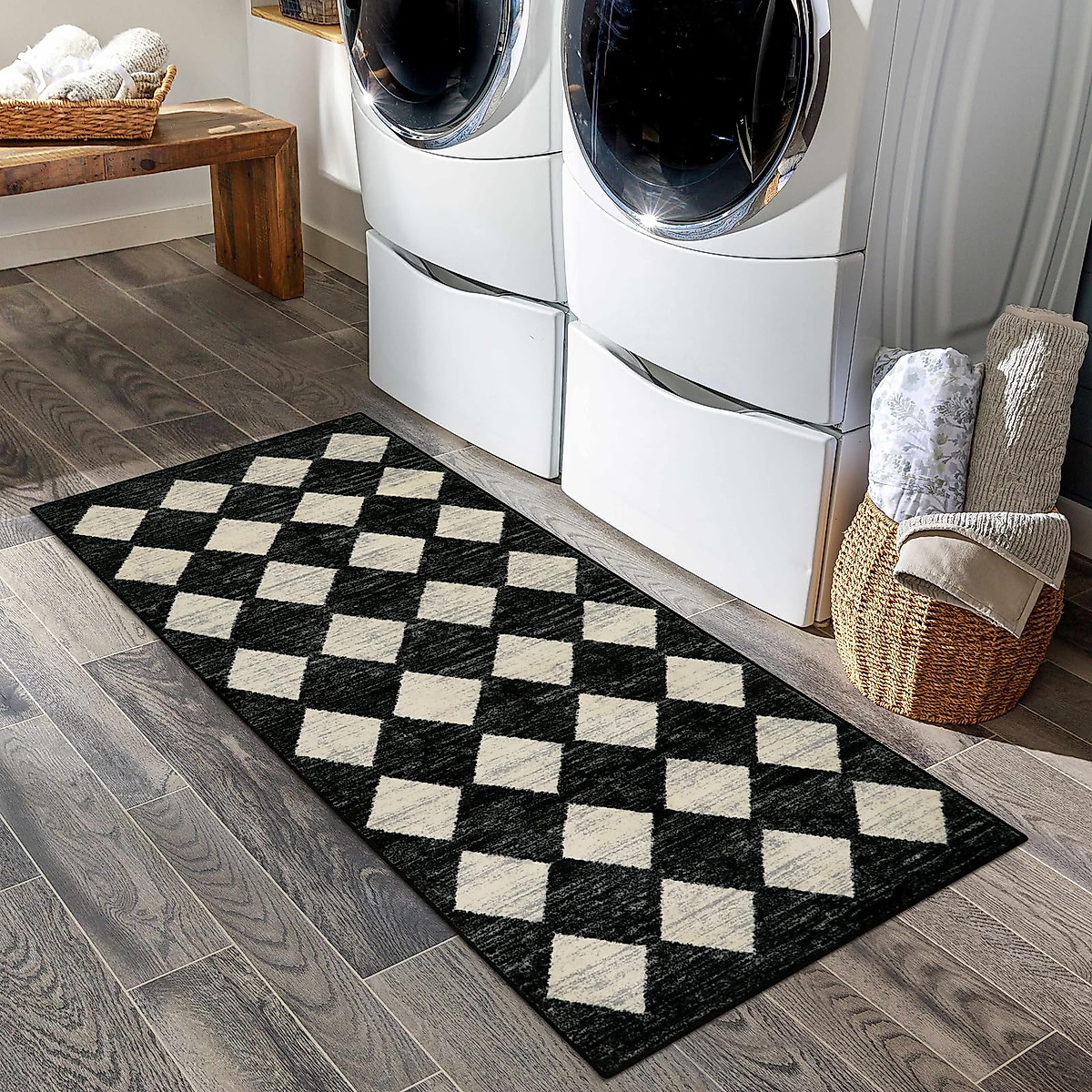 Lahome Washable Black and White Kitchen Runner Rug, 2x5 Soft Non Slip Laundry Room Rug Bathroom Runner Rugs with Rubber Backing, Moroccan Trellis Kid Pet Friendly Carpet Runner for Entryway Bedside
