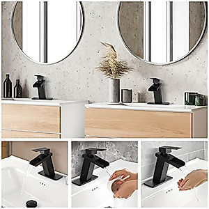 Matte Black Bathroom Faucet, Homikit Waterfall Bathroom Faucets for Sink 1 or 3 Holes, Modern Vanity Faucet with Single Handle Single Hole, Pop Up Drain, Deck Plate, 2 Water Supply Hoses