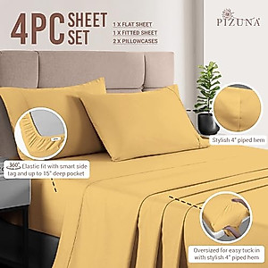 Pizuna Pure 100% Cotton Queen Bed Sheets Set Golden Yellow, Luxurious 400 Thread Count Long Staple Cotton Sateen Sheets with 15" Deep Pocket (Combed Cotton Queen Sheet Set - 4PC)