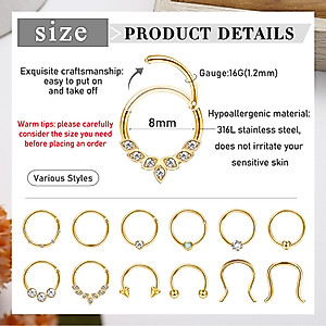 YADOCA 12PCS 16G Septum Rings Surgical Steel Septum Nose Piercing Jewelry Septum Clicker Nose Rings Hoops for Women Men Horseshoe Daith Helix Tragus Lip Cartilage Earrings Gold 10MM