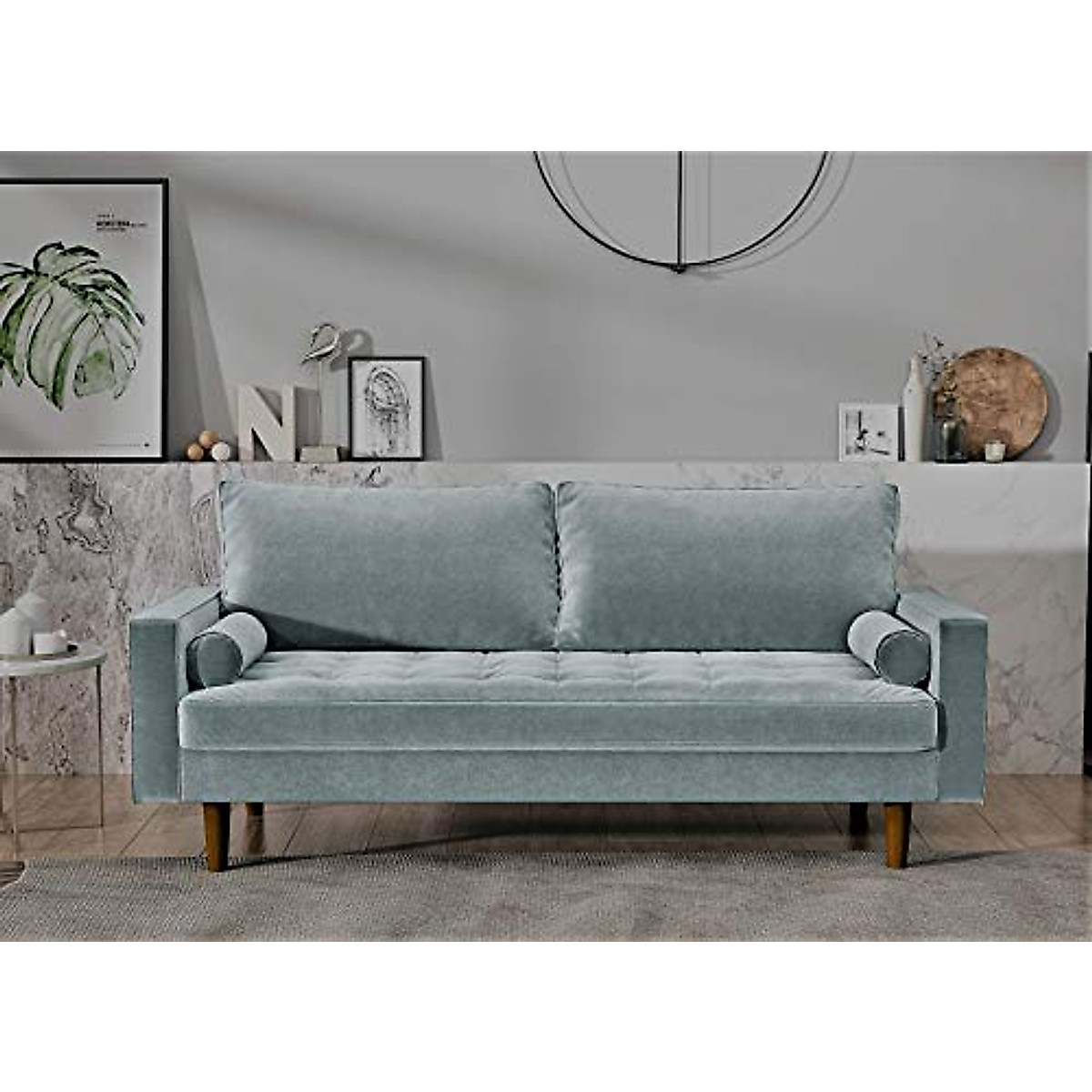 Container Furniture Direct Womble Velvet Upholstered Living Room Diamond Tufted Chesterfield Sofa with Gleaming Nailheads, Teal Blue
