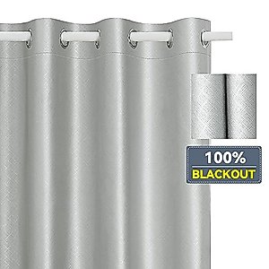 Silver 100% Blackout Curtains for Bedroom, 3 Thick Layers Thermal Insulated Black Out Window Curtains, Full Room Darkening Noise Reducing Grommet Curtains with Black Liner (52 x 63 Inch, 2 Panels)