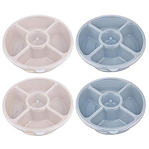 Yesland 4 Pack 11.25 Inch Serving Trays with Lid - 4 Compartment Round Wheat Straw Candy and Nut Serving Container, Food Storage - Divided Camping Snack Plate & Dish Platter