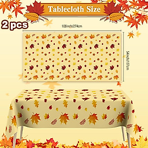 Fall Tablecloth, 2 Pcs Thanksgiving Tablecloth, Autumn Leaves Plastic Tablecloth, Rectangle Disposable Table Cover Waterproof Tablecloth Fall Themed for Holiday Dinner Party Decoration 54 x 108 inches