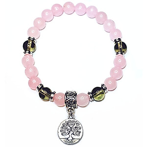 Heart Healing Bracelet with Charm Natural Semi-Precious Stone Beads Rose Quartz + Smoky Quartz Tree of Life Handmade Bracelet USA HANDMADE