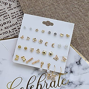 Earring Sets for Women Hypoallergenic Assorted Multiple Stud Earrings Set Cute Star Moon Heart Ball Faux Pearl Small Butterfly Jewelry Graduation Gifts (Style-01)