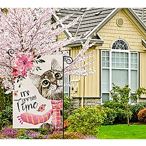Spring Garden Flag for Outside 12x18 Double Sided,Cat with Sakura Scarf Small Yard Flag,Summer Seasonal Decors for Outdoor Anniversary Wedding Farmhouse Holiday