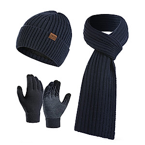 LONGTEN Winter Beanie Hat Scarf Touch Screen Driving Gloves Set for Men Women Ribbed Knit 3 in 1 Navy