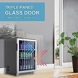 WEILI 20 Inch Beverage Fridge with Glass Door, 120 Can Mini Fridge with Blue LED Light for Soda Beer Wine, 36-50°F Under Counter Refrigerator and Cooler for Home Office Dorm or Bar, Auto Defrost