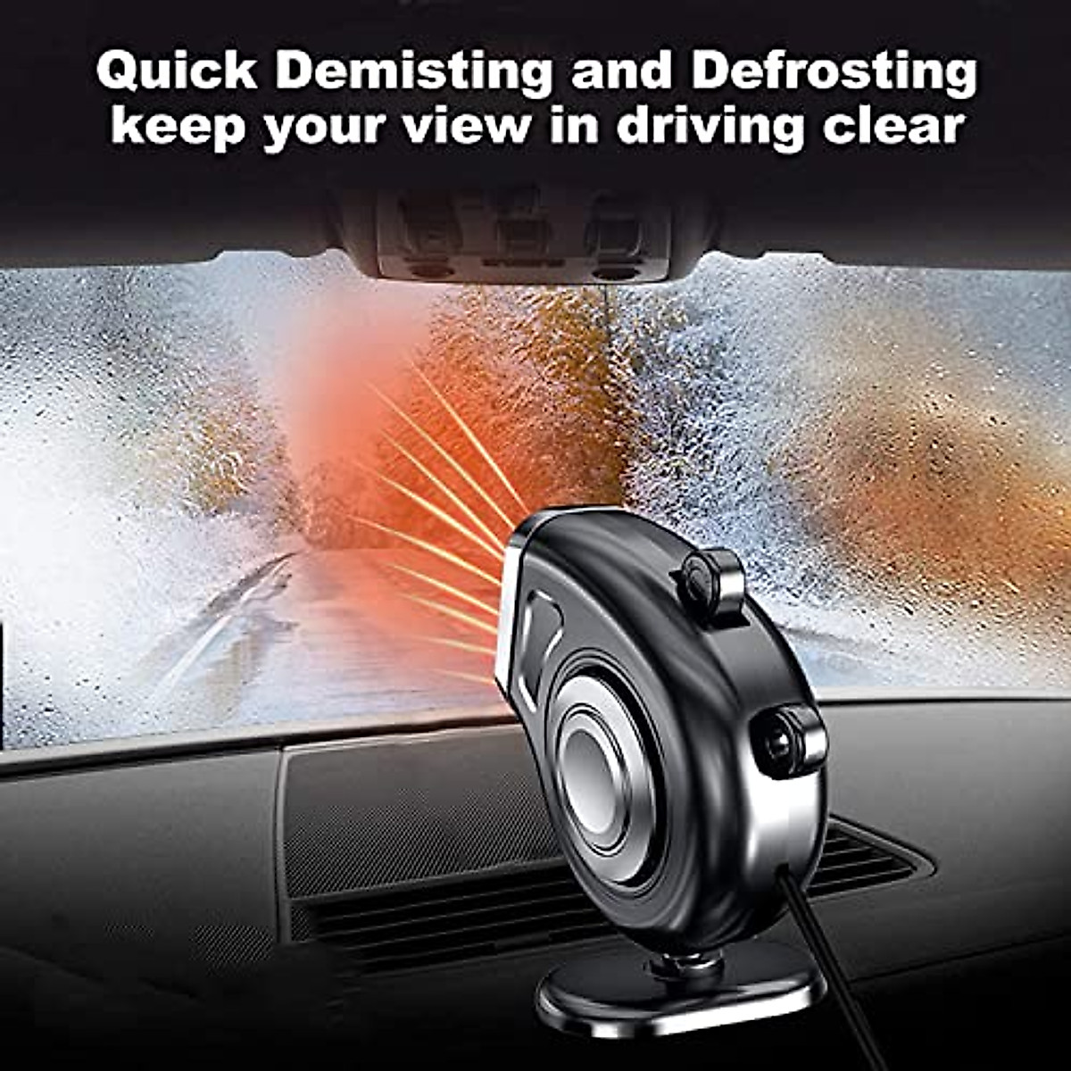 Mini Car Heater, 12V 150W Car Fan Defroster, Auto Heating/Cooling Fan with Rotating Base Fairing Securing Clip，Plug in Cigarette Lighter (Black)