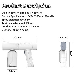 KOJEO Professional Electric Sanitizer Sprayer Machine, Rechargeable Disinfectant Fogger Machine 250ML, Cordless Handheld Nano Steam Gun – Spray Gun with Blue Light for Touchless Sanitization