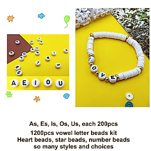 MIIIM 1200pcs Vowel Letter Beads (A, E, I, O, U), 4x7mm Round Letter Beads for Bracelets Making, Alphabet Beads, Number Beads, Heart Beads in 24 Grid Box (White Beads Black Letters)